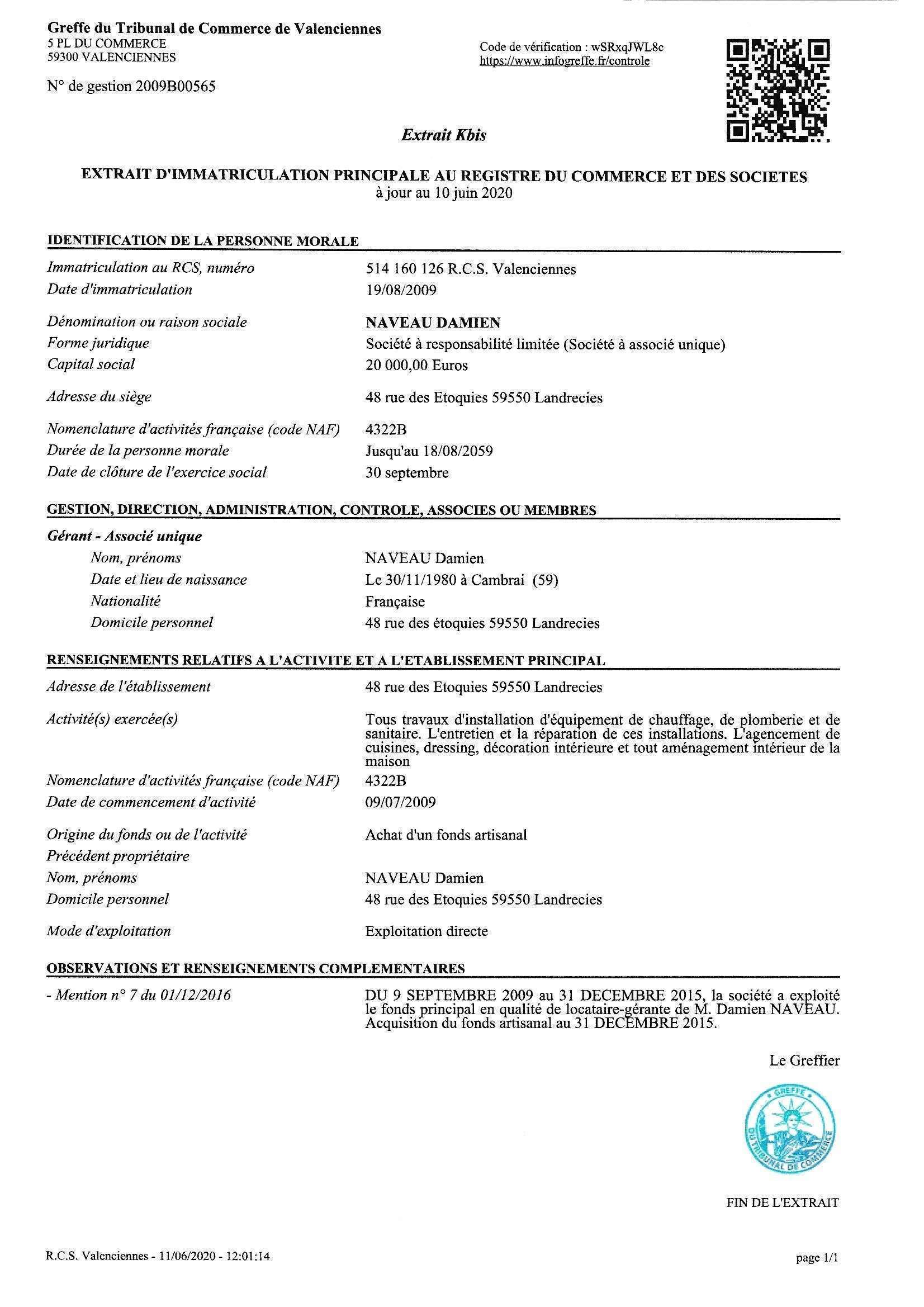 K-Bis | EURL NAVEAU DAMIEN